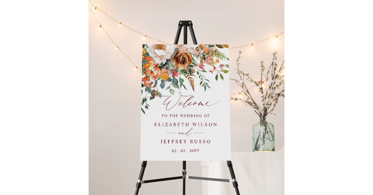 Rustic Orange Floral Fall Wedding Welcome Sign | Zazzle