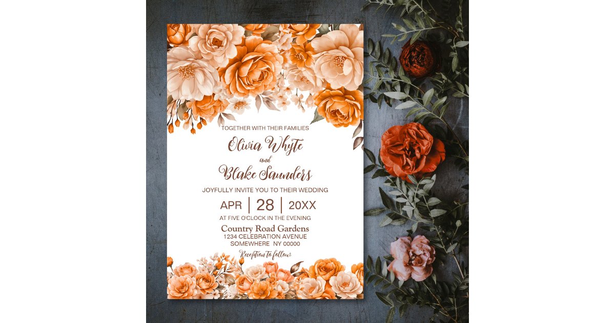 Rustic Orange Floral Wedding Invitation | Zazzle
