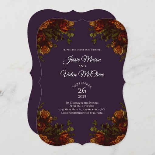 Rustic Orange Purple Fall Elegant Wedding Invitation | Zazzle