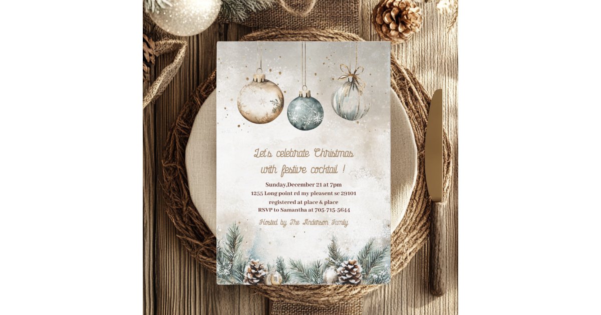 "Rustic Ornament Christmas Party | Blue & Gold Invitation | Zazzle