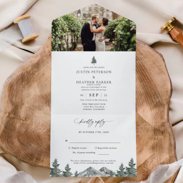 Rustic Outdoor Mountain Forest Wedding All In One Invitation | Zazzle