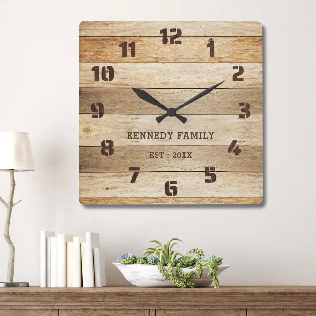 Rustic Pallet Wood Family Name Farmhouse Square Wall Clock | Zazzle