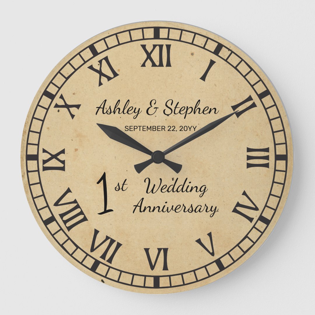 Rustic Paper Look 1st Wedding Anniversary Large Clock | Zazzle