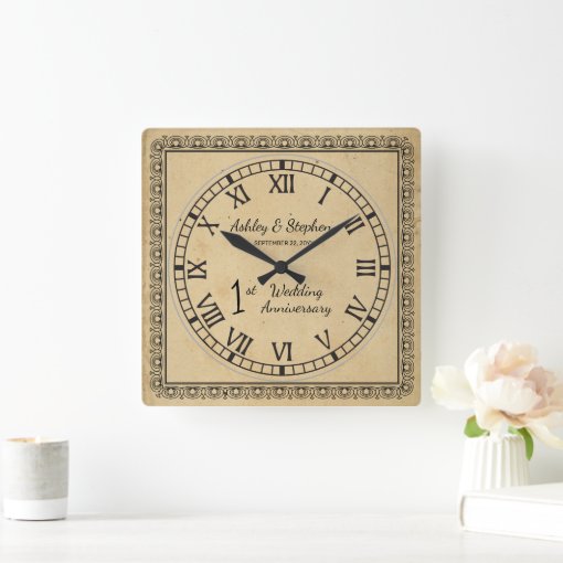 Rustic Paper Look 1st Wedding Anniversary Square Wall Clock | Zazzle