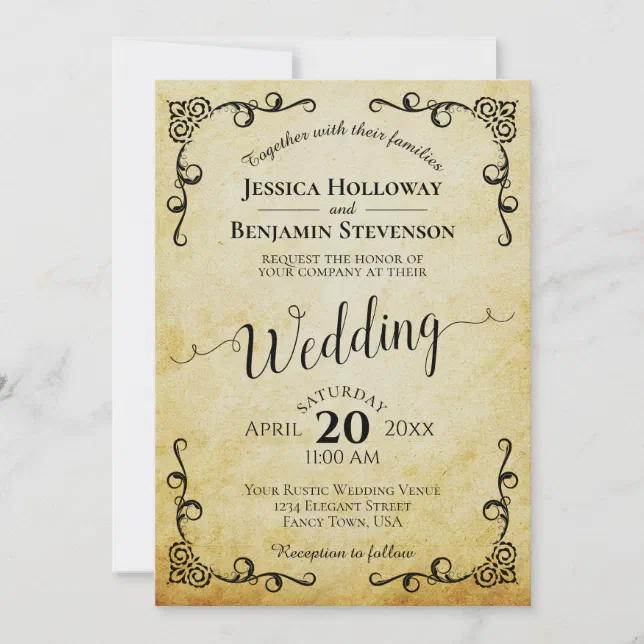 Rustic Parchment Vintage Calligraphy Wedding Invitation | Zazzle