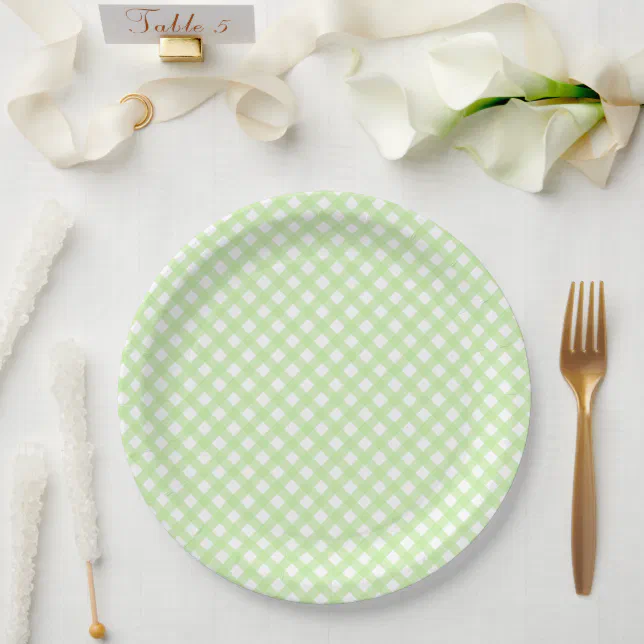 Rustic, Pastel Green Gingham Pattern Paper Plates | Zazzle
