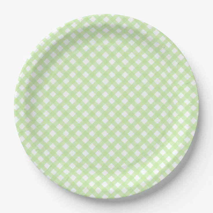 Rustic, Pastel Green Gingham Pattern Paper Plates | Zazzle