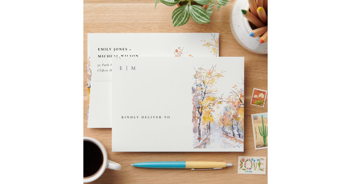 Rustic Pastel Yellow Autumn Fall Landscape Wedding Envelope | Zazzle