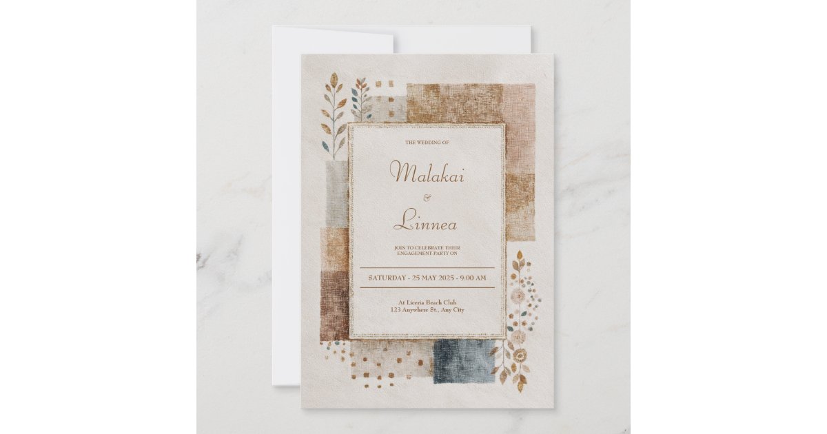Rustic Patchwork Burlap Gold Foil Folk Wedding Invitation | Zazzle
