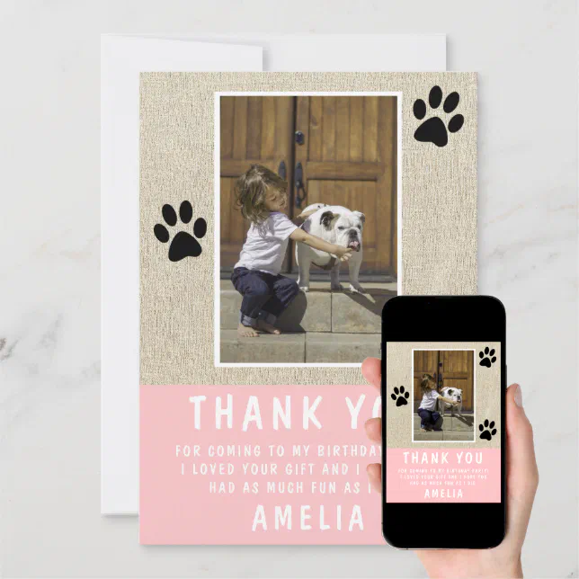 Rustic Paw Print Pink Birthday Photo Thank you Card | Zazzle