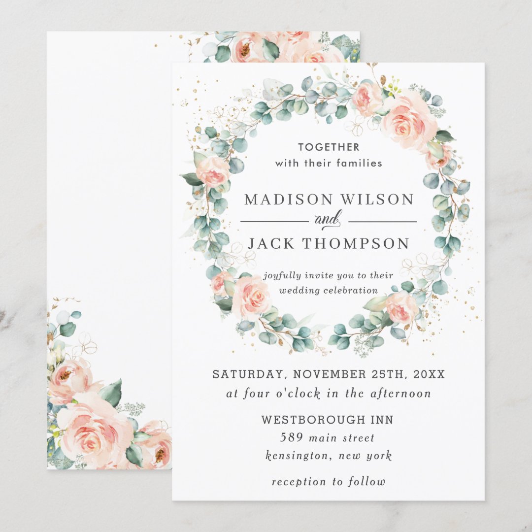 Rustic Peach Blush Floral Greenery Wreath Wedding Invitation | Zazzle
