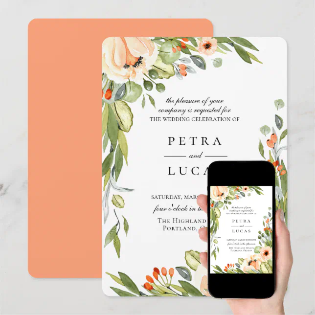 Rustic Peach Botanical Wedding Invitation | Zazzle