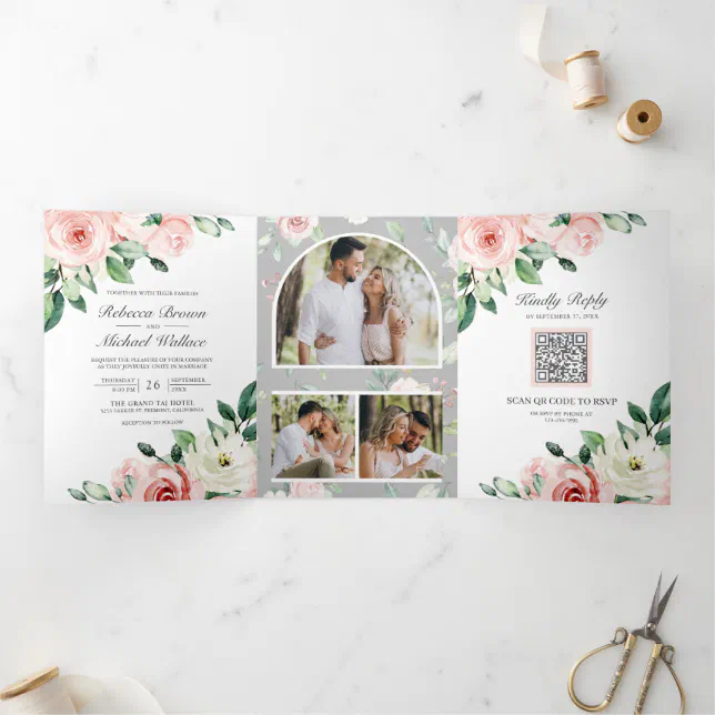 Rustic Peach Floral All in One QR Code Wedding Tri-Fold Invitation | Zazzle