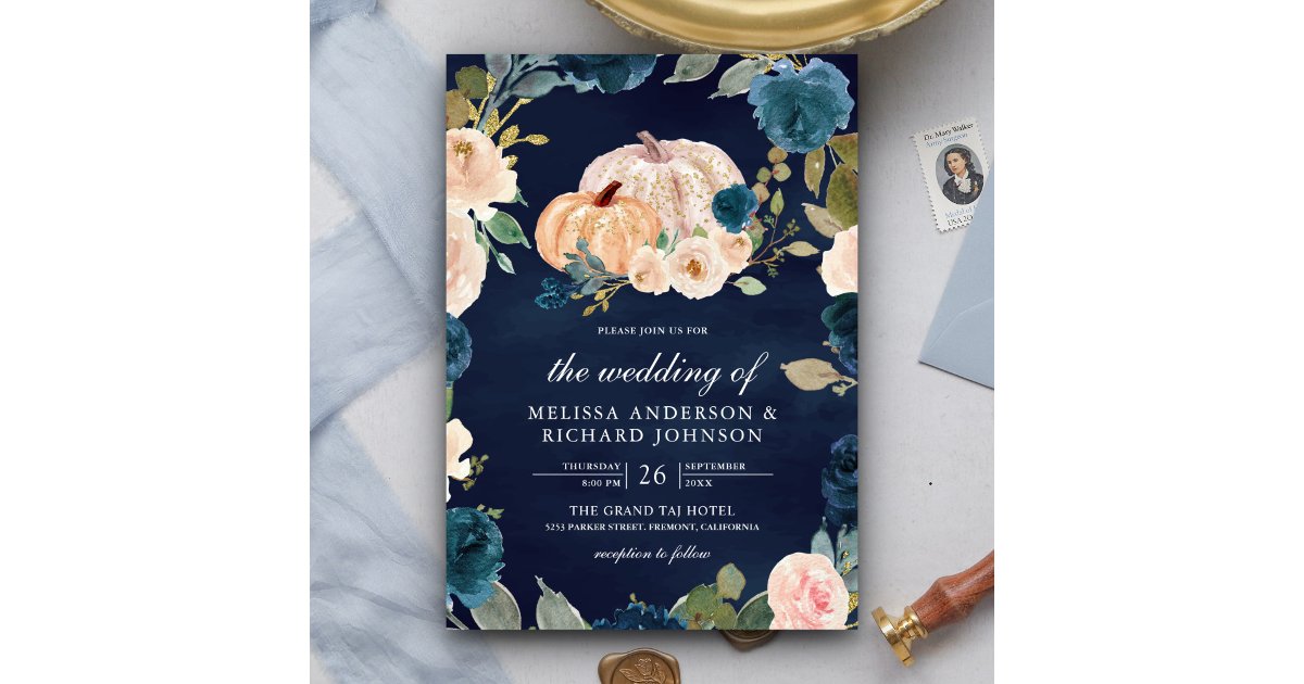 Rustic Peach Floral Pumpkin Navy Blue Wedding Invitation | Zazzle