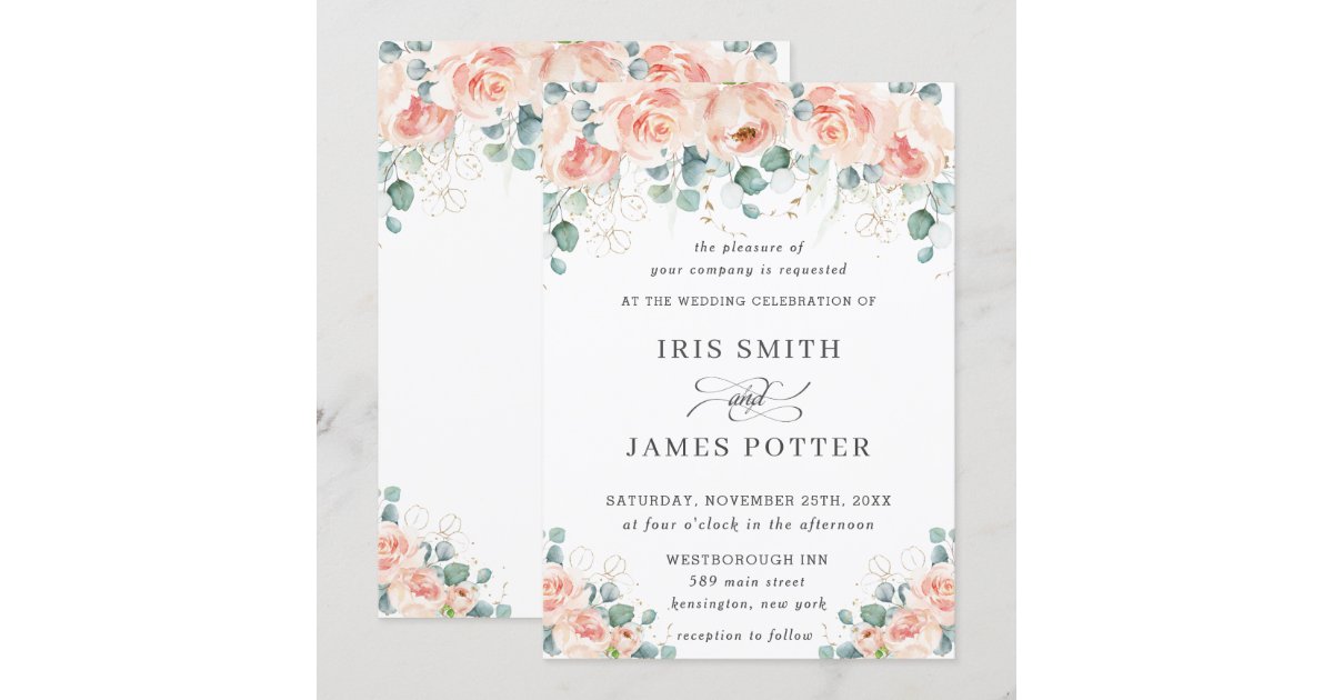 Rustic Peach Floral Roses Greenery Wedding Invitation | Zazzle