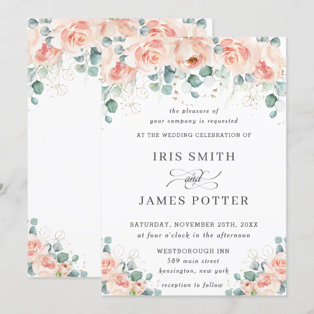 Rustic Peach Floral Roses Greenery Wedding Invitation | Zazzle
