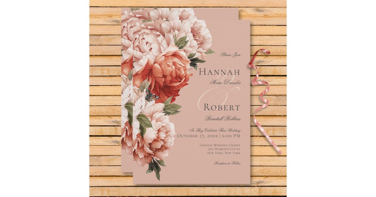 Rustic Peach & Rust Peonies on Peach Wedding Invitation | Zazzle