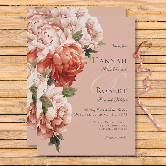 Rustic Peach & Rust Peonies on Peach Wedding Invitation | Zazzle