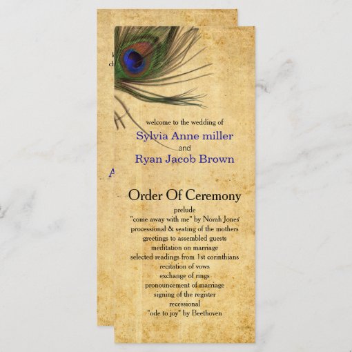 Rustic Peacock Feather wedding programs | Zazzle