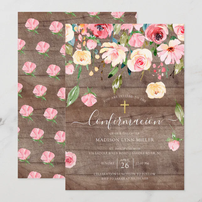 Rustic Peonies Rose Spanish Confirmation Invitation | Zazzle