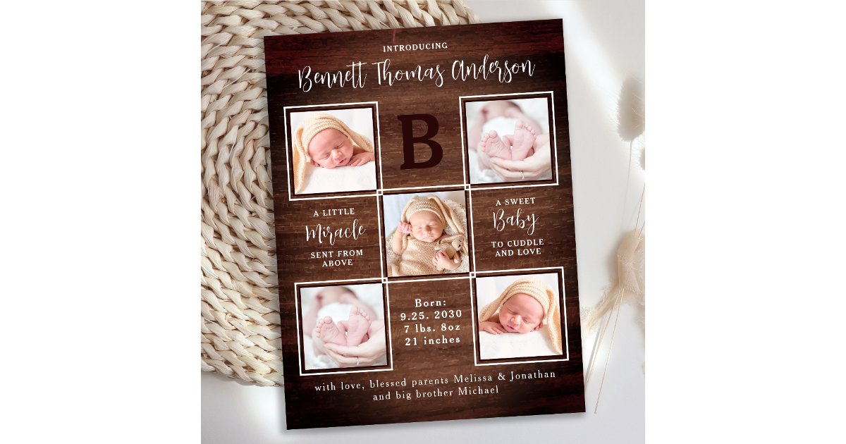 Rustic Personalized 5 Photo New Baby Announcement Postcard | Zazzle