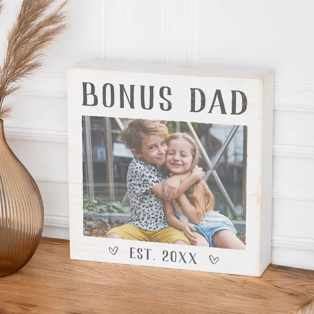 Rustic Personalized Bonus Dad Photo Wooden Box Sign | Zazzle