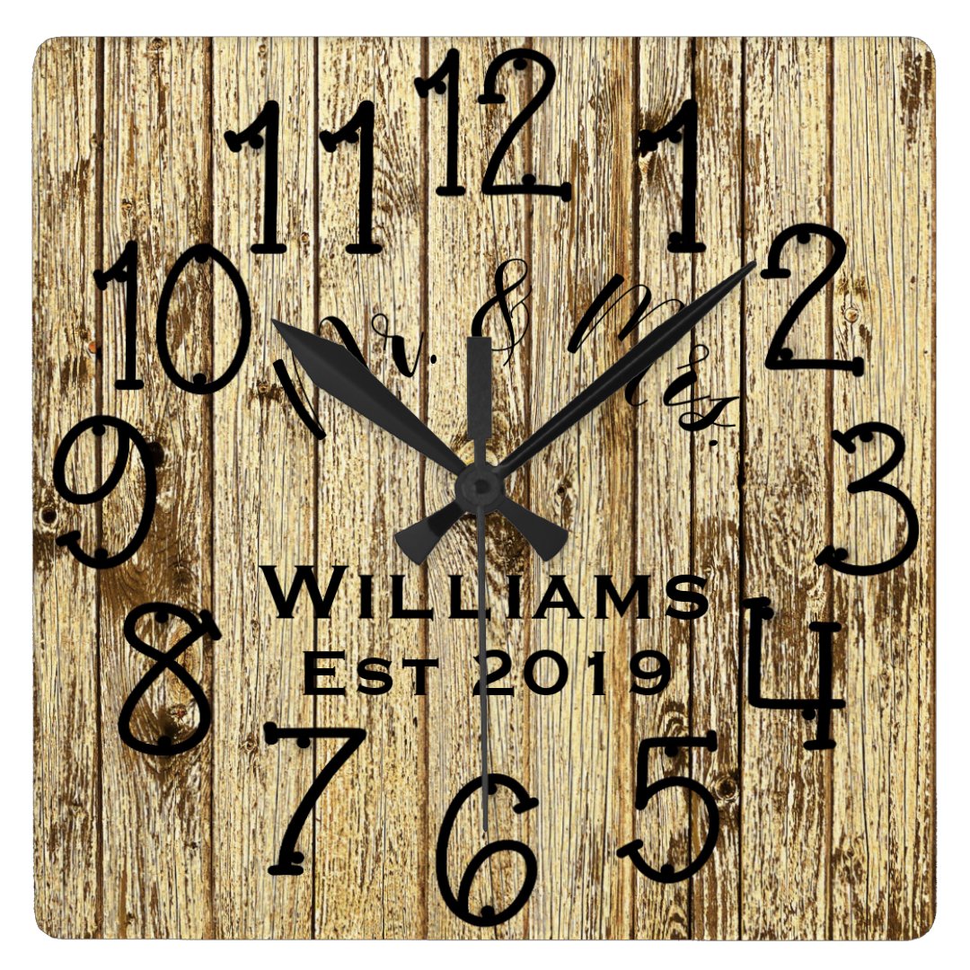 Rustic Personalized Brown Wood Custom Square Wall Clock | Zazzle