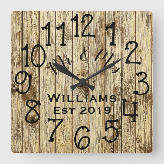 Rustic Personalized Brown Wood Custom Square Wall Clock | Zazzle