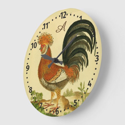Rustic Personalized Colorful Rooster chicken Round Large Clock | Zazzle