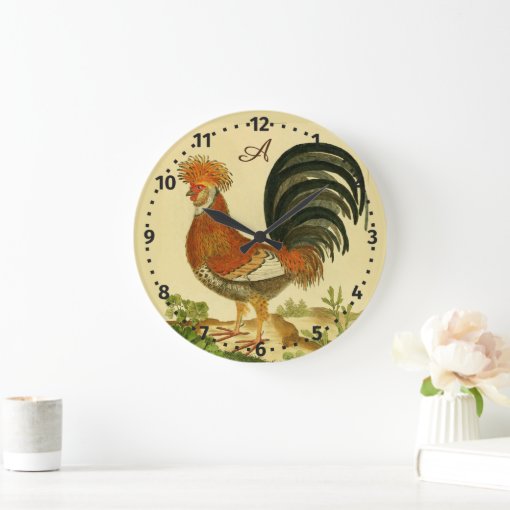 Rustic Personalized Colorful Rooster chicken Round Large Clock | Zazzle