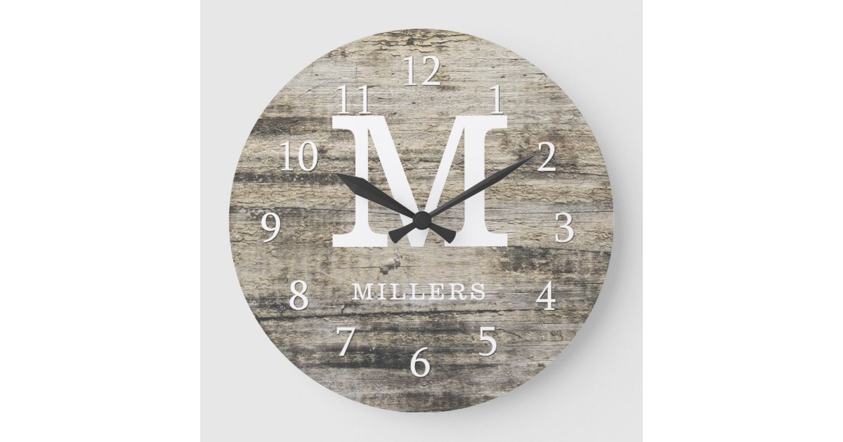 Rustic Personalized Farmhouse Wood Monogram Large Clock | Zazzle