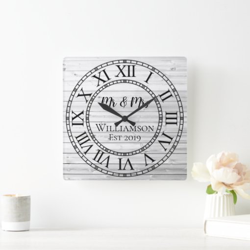 Rustic Personalized Gray Wood Custom Square Wall Clock | Zazzle