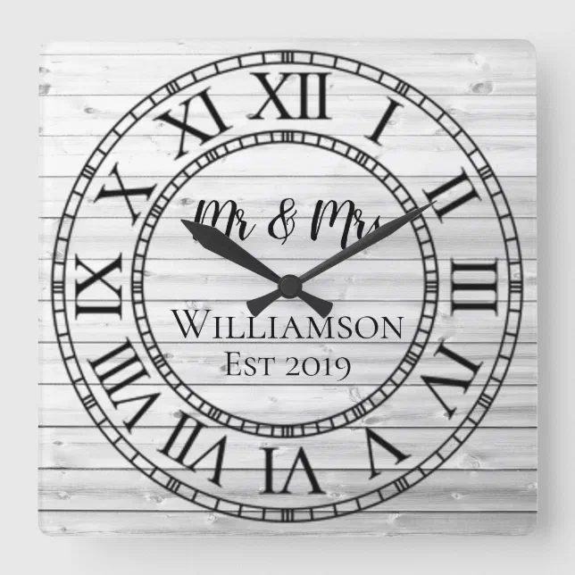 Rustic Personalized Gray Wood Custom Square Wall Clock | Zazzle