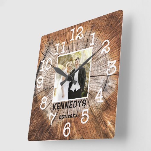 Rustic Personalized Wedding Anniversary Photo Square Wall Clock | Zazzle