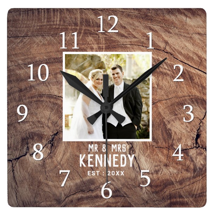 Rustic Personalized Wedding Anniversary Photo Wood Square Wall Clock ...
