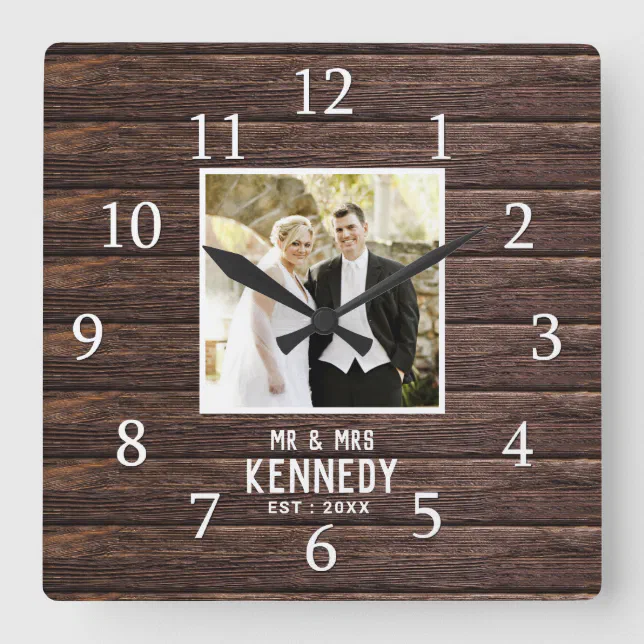 Rustic Personalized Wedding Anniversary Wood Photo Square Wall Clock ...