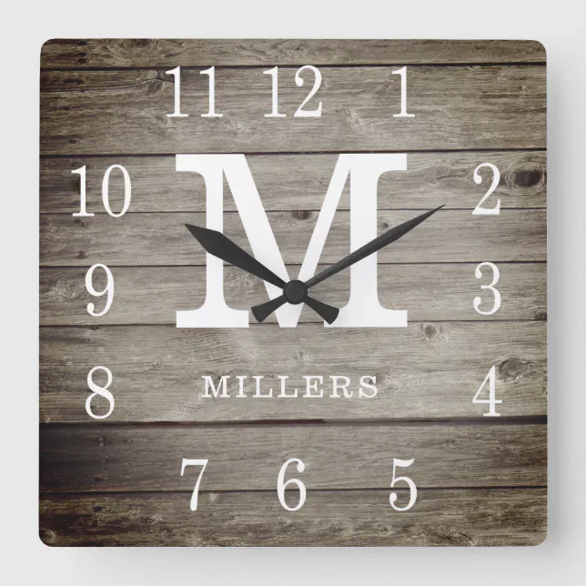 Rustic Personalized Wood Farmhouse Monogram Name Square Wall Clock | Zazzle