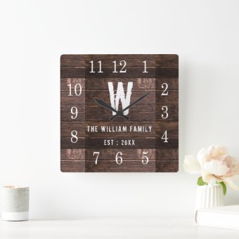 Rustic Personalized Wood Monogrammed Family Name Square Wall Clock | Zazzle