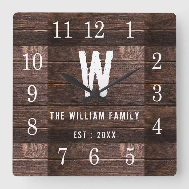 Rustic Personalized Wood Monogrammed Family Name Square Wall Clock | Zazzle