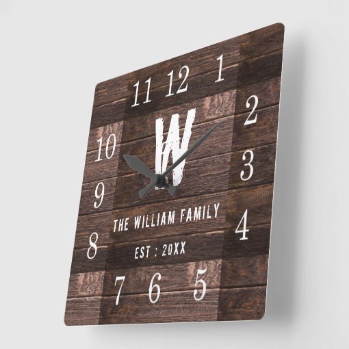Rustic Personalized Wood Monogrammed Family Name Square Wall Clock | Zazzle