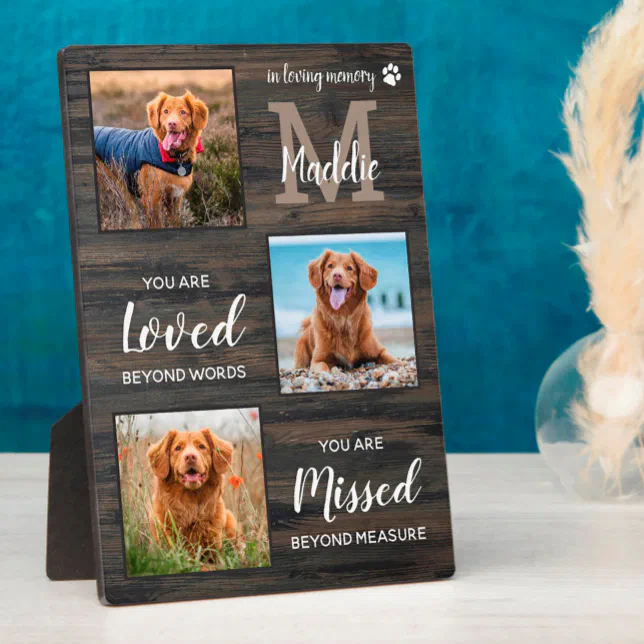 Rustic Pet Dog Memorial Personalized 3 Photo Plaque | Zazzle