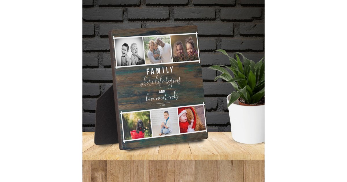 Rustic Photo Collage Script Family Keepsake Saying Plaque | Zazzle