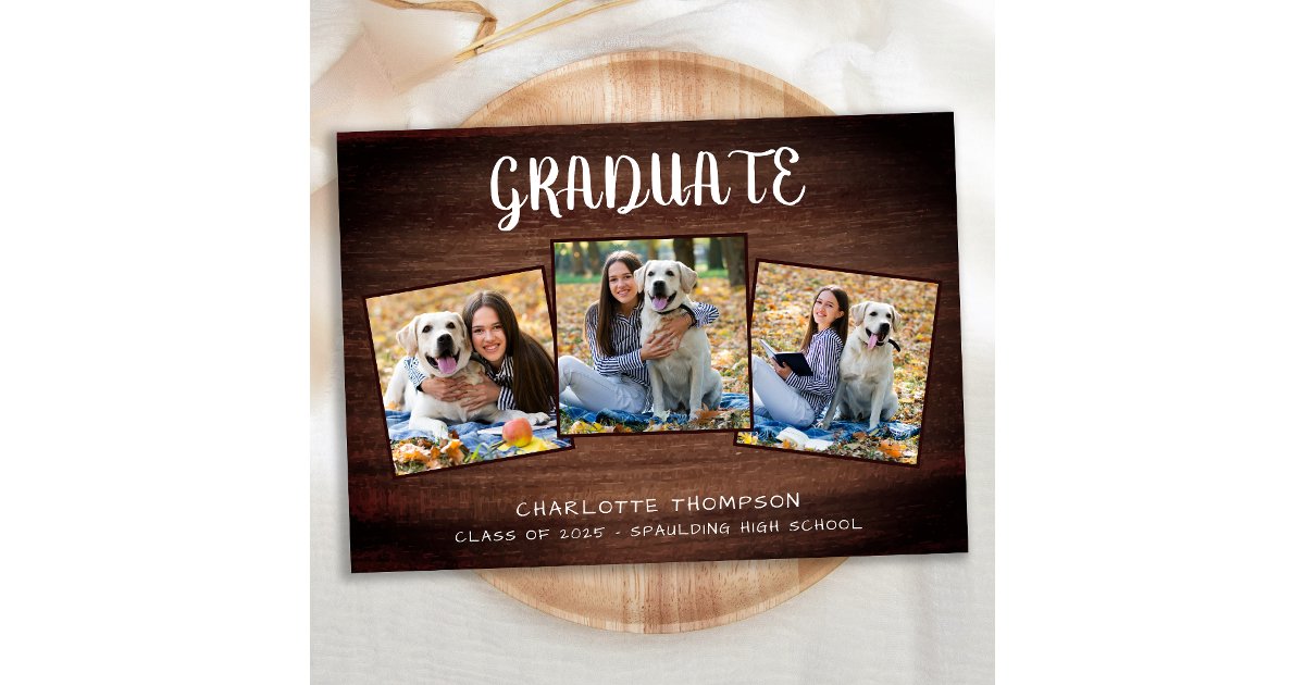 Rustic Photo Collage Wood Casual Graduation Invitation | Zazzle