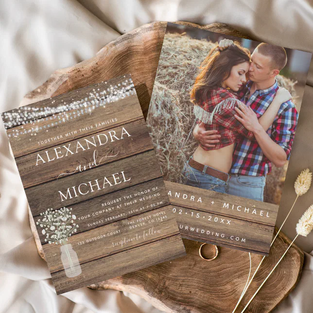 Rustic Photo Farmhouse Lights Wedding Invitation | Zazzle