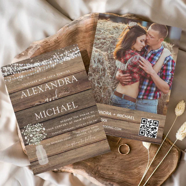 Rustic Photo Farmhouse QR Code Wedding Invitation | Zazzle