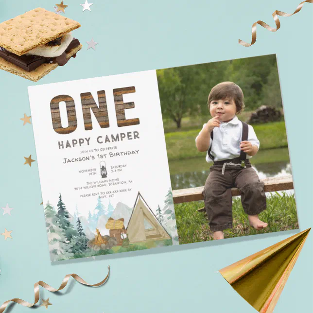 Rustic Photo One Happy Camper Birthday Invitation | Zazzle