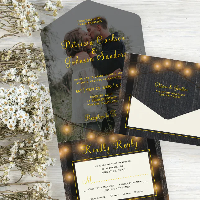 Rustic photo overlay wood string lights wedding all in one invitation ...