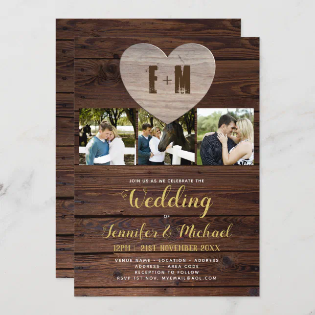 Rustic PHOTO Wedding Invitations Gold Calligraphy | Zazzle