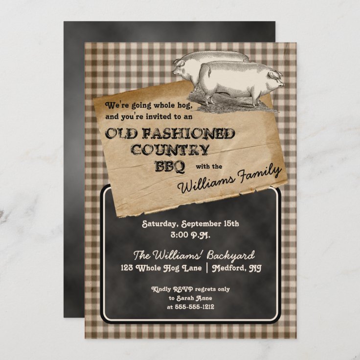 Rustic Pigs Pork Backyard Cookout BBQ Picnic Invitation | Zazzle