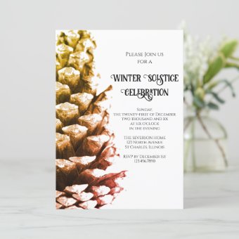 Rustic Pine Cone on White Woodland Winter Solstice Invitation | Zazzle